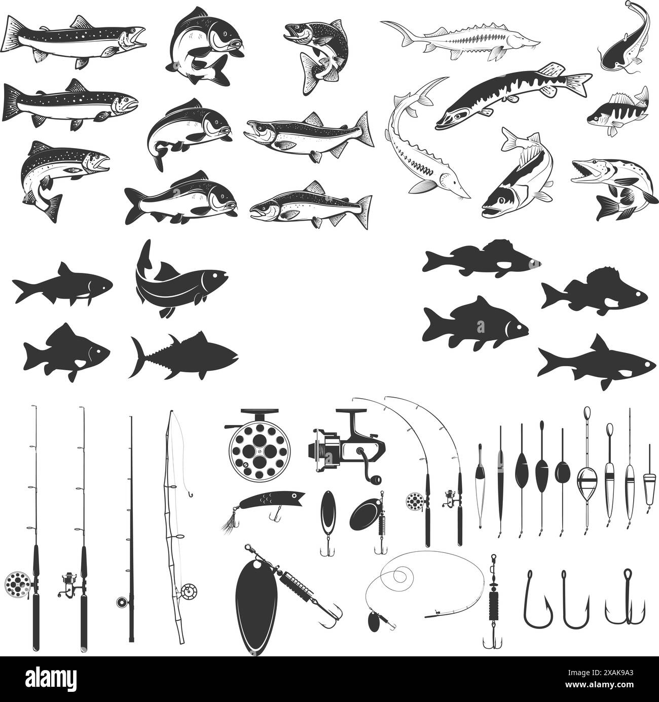 set of Fishing labels design elements. Rods and fish icons. Design ...