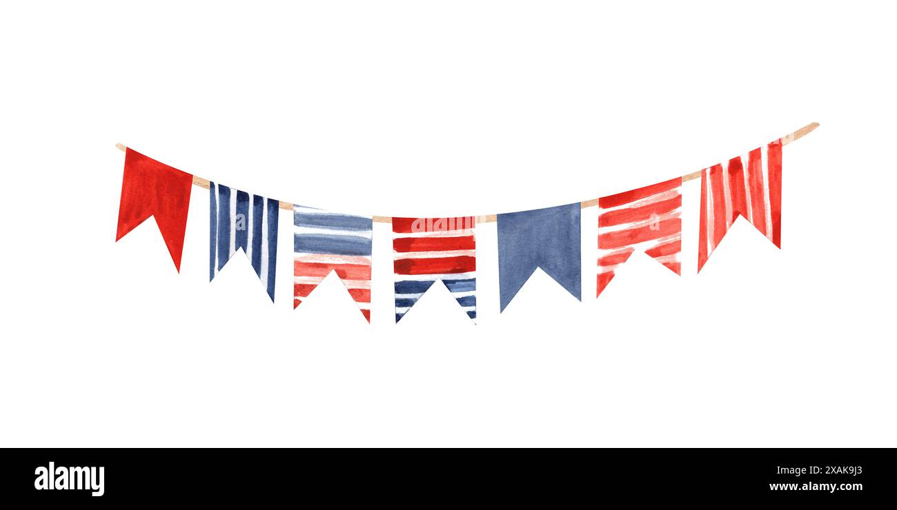 Flag garland in red blue colors. Small flags in horizontal and vertical ...