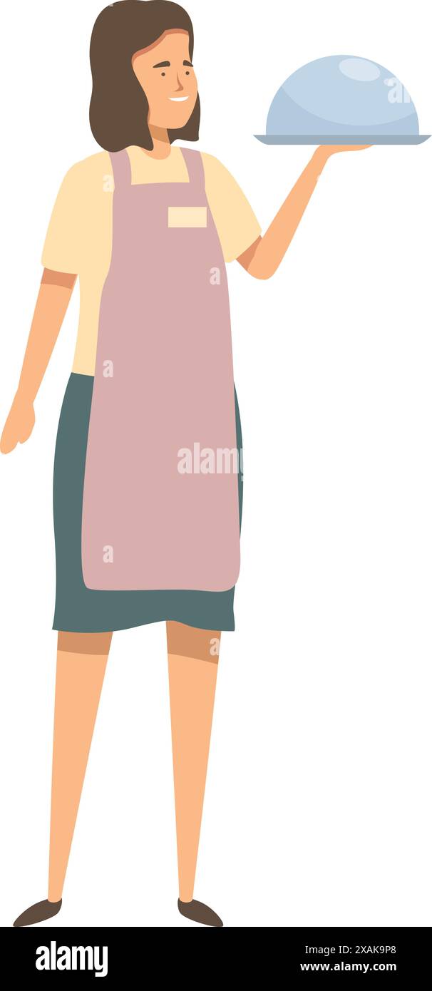 Young smiling waitress holding a covered restaurant serving tray, food ...