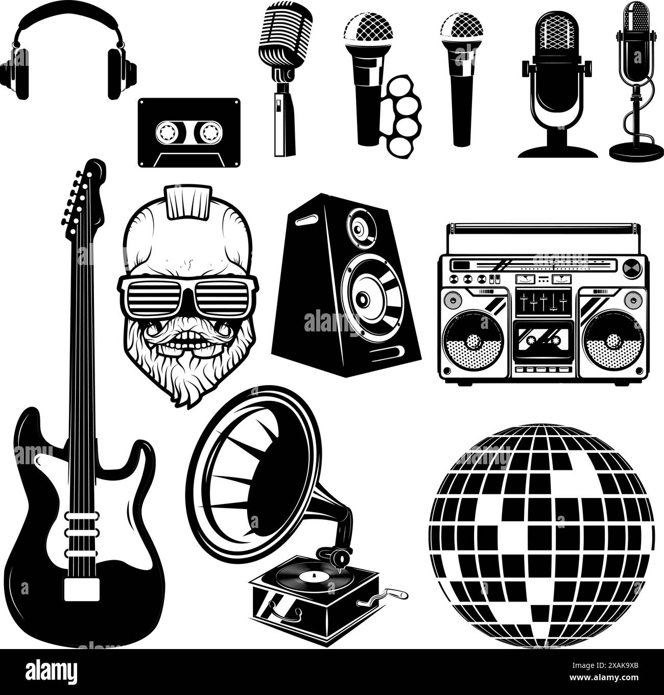 Set of retro party elements. Music instruments isolated on white ...