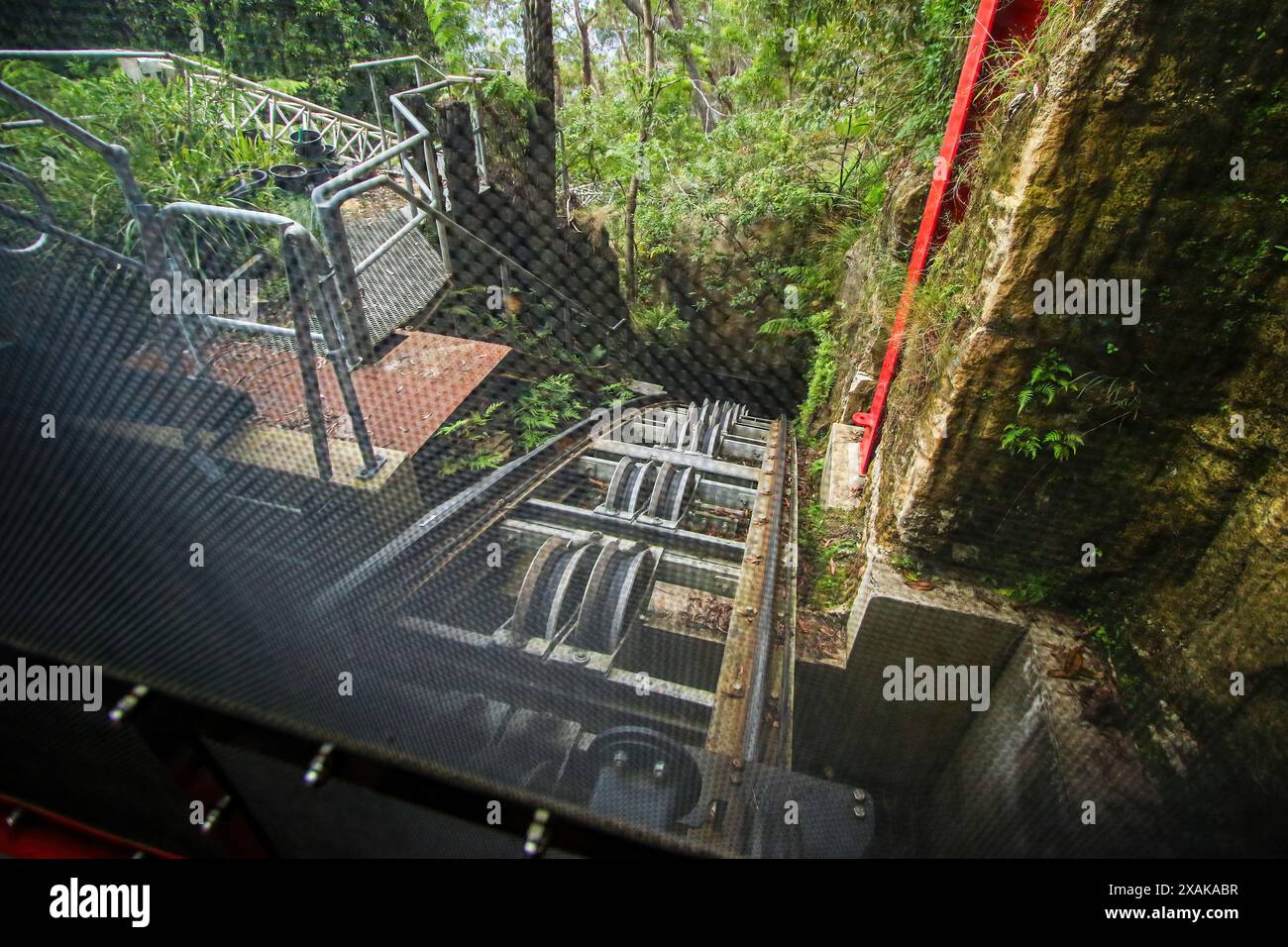 Guiding wheel of the Scenic Railway funicular going down in the Jamison ...