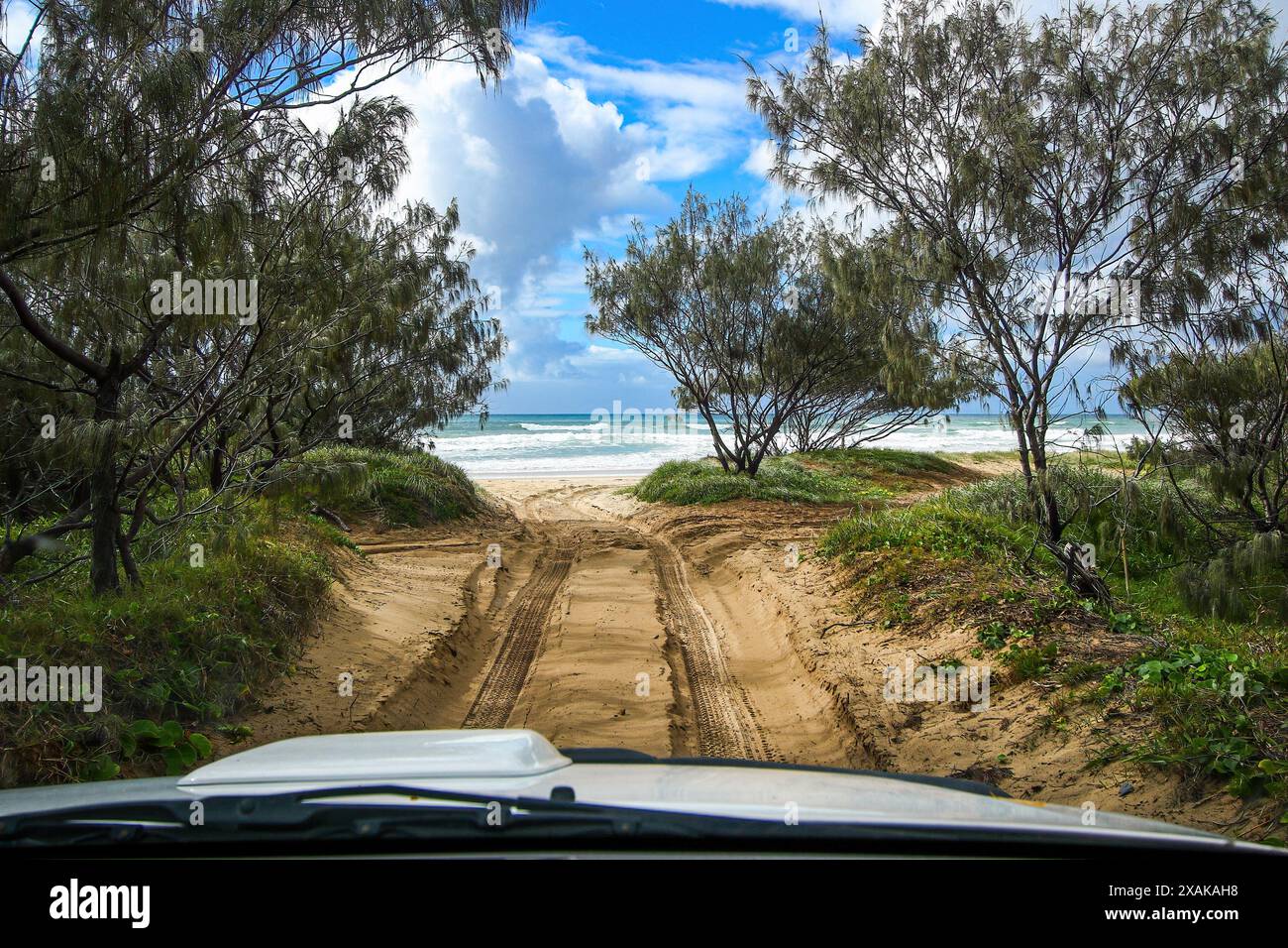 First person view of a driver travelling onboard a 4x4 pickup on a sand ...