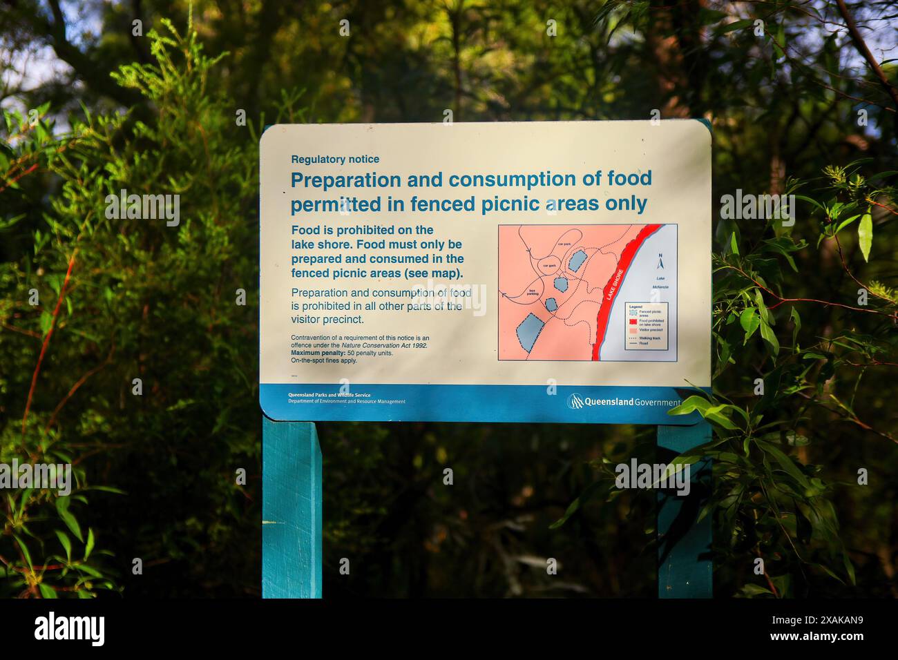 Warning sign prohibiting food at Lake McKenzie (Boorangoora) because of ...