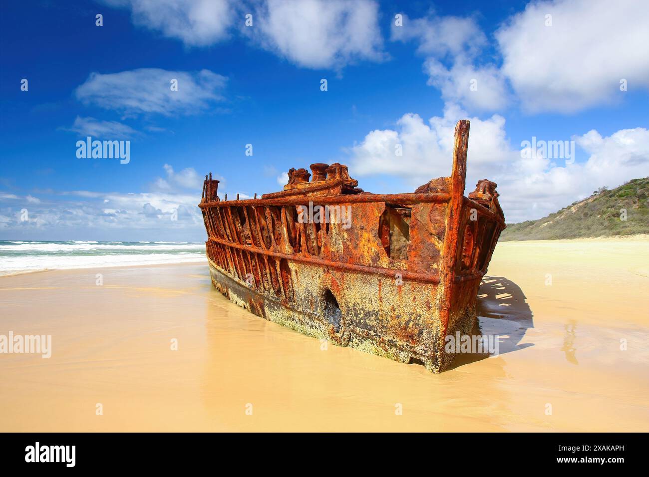 SS Maheno shipwreck half buried in the sand of the 75 mile beach on the ...