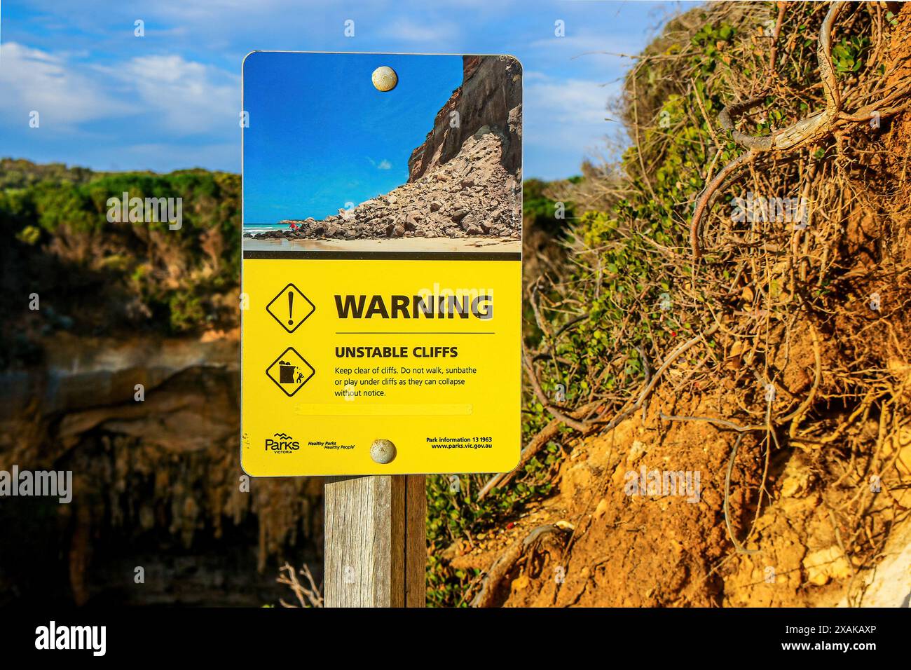 "Unstable cliffs" warning sign in the Twelve Apostles Marine National ...