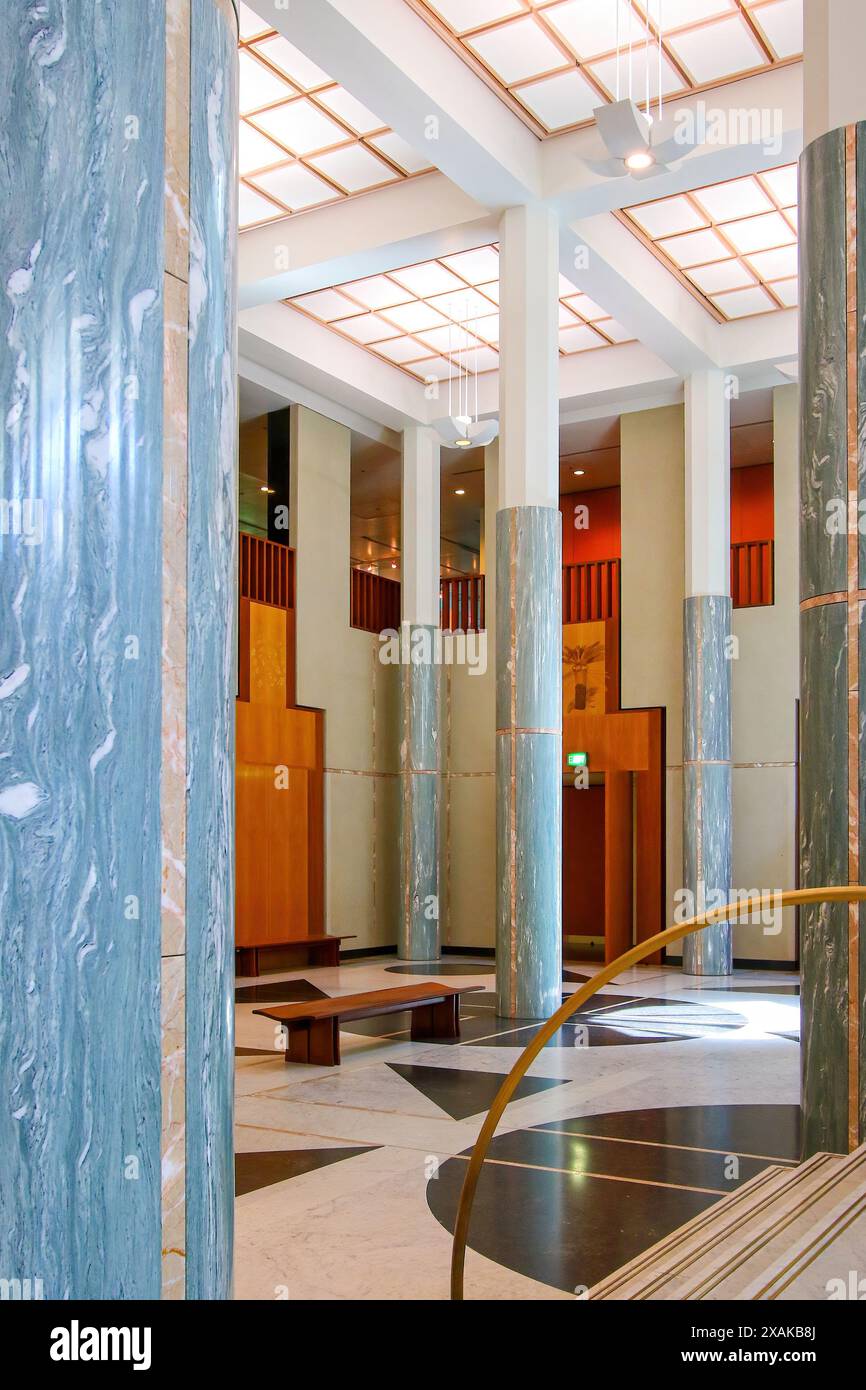 Main foyer of the Parliament House of Australia, decorated with green ...