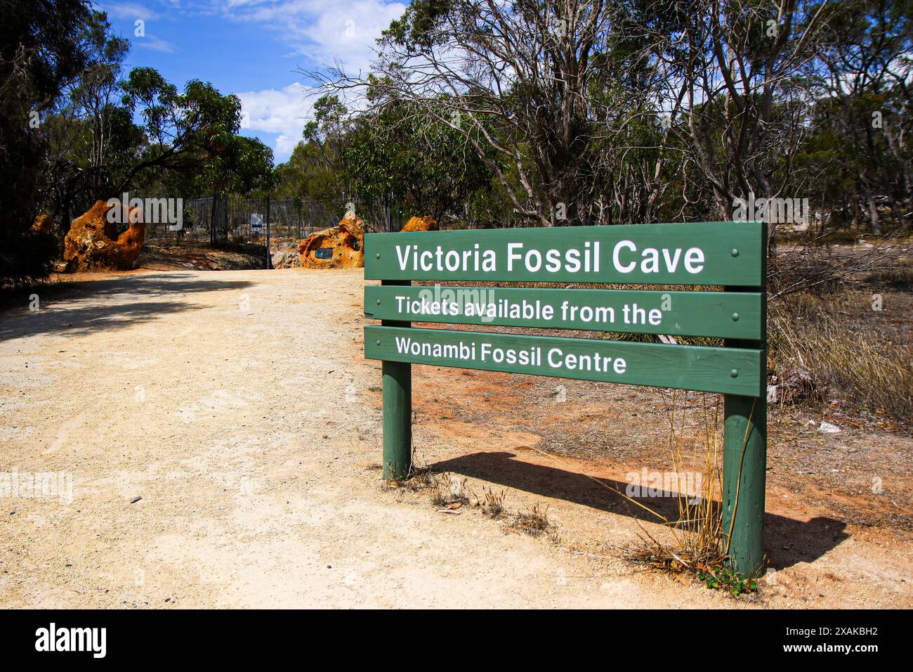 Wooden sign at the entrance of the Victoria Fossil Cave in the ...