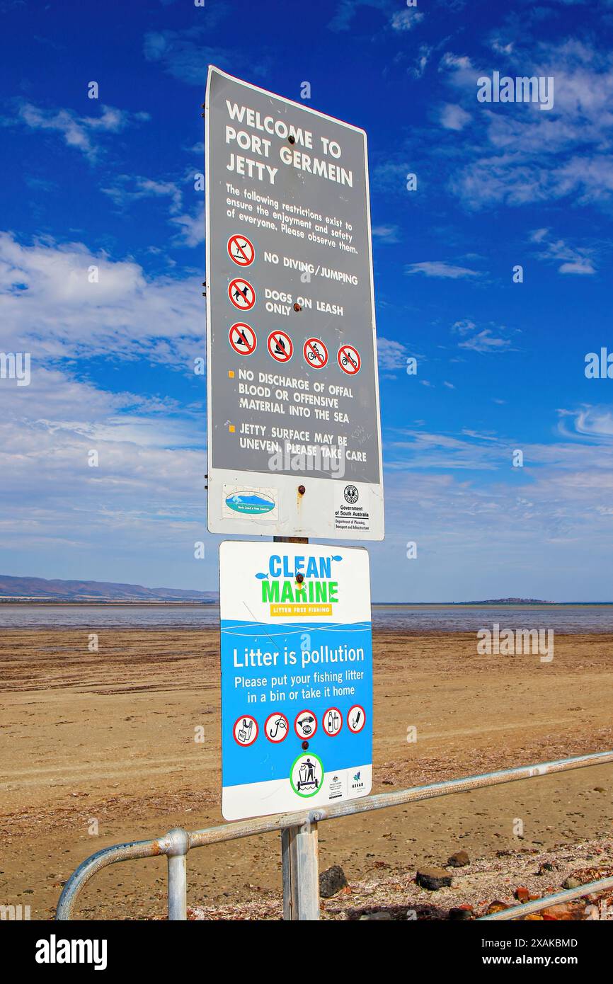 Sign indicating the rules and restrictions to visit the Port Germein ...