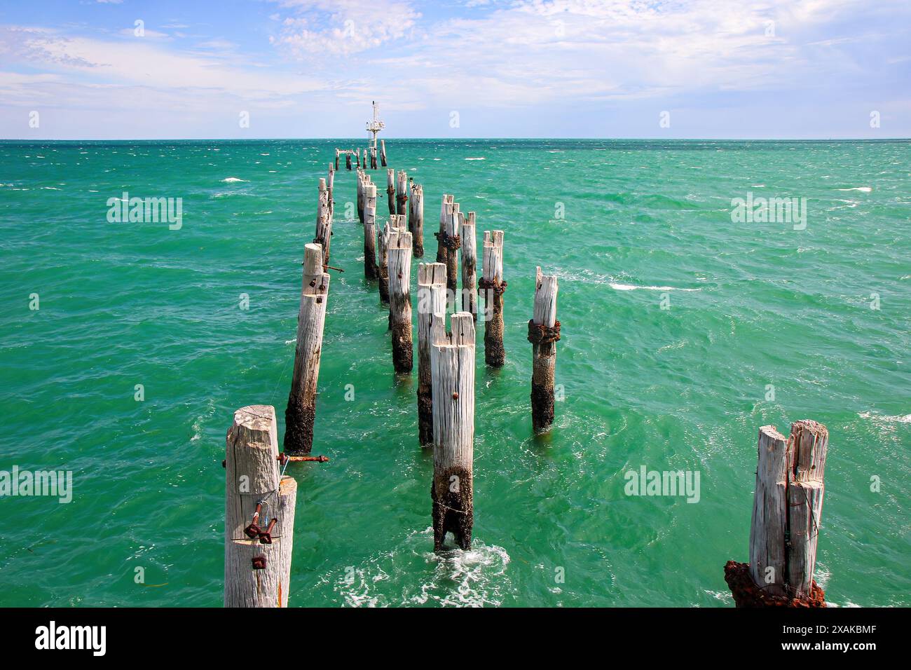 Piles of the collapsed end of Port Germein jetty in South Australia ...