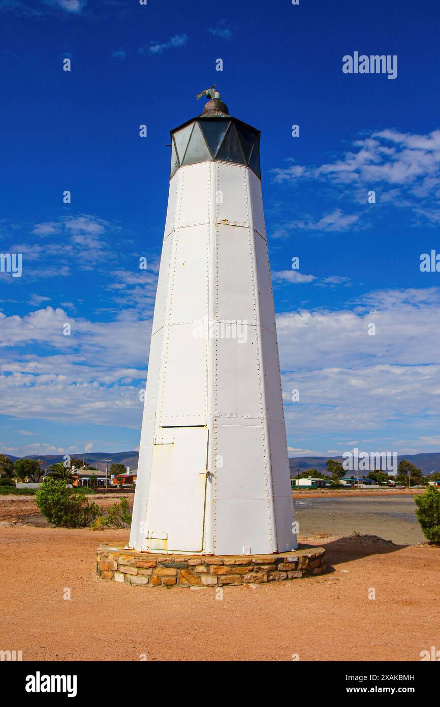 Small metallic white lighthouse at the start of Port Germein jetty in ...