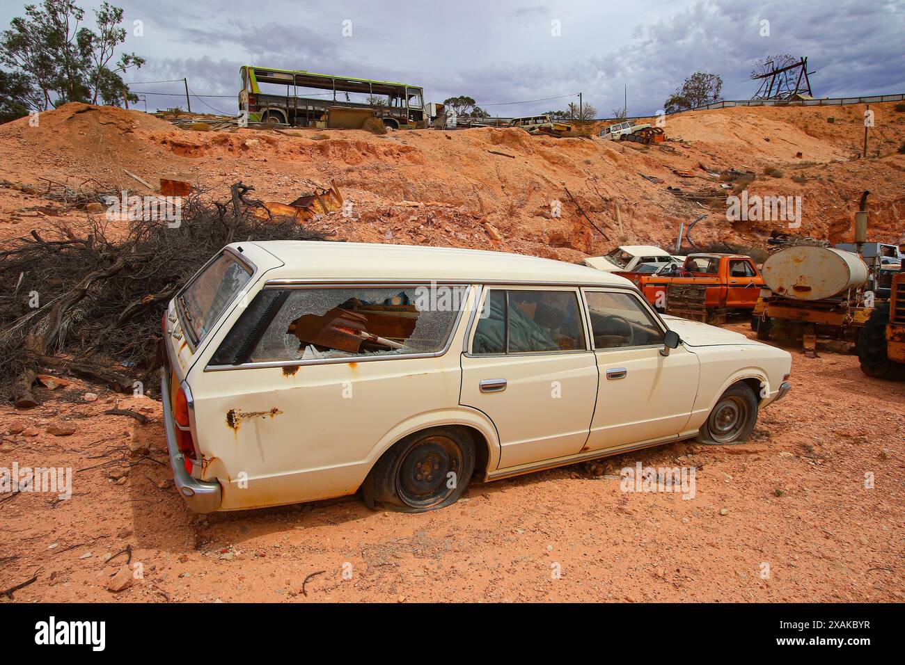 Junkyard of rusty abandoned vintage cars in the desert of the ...