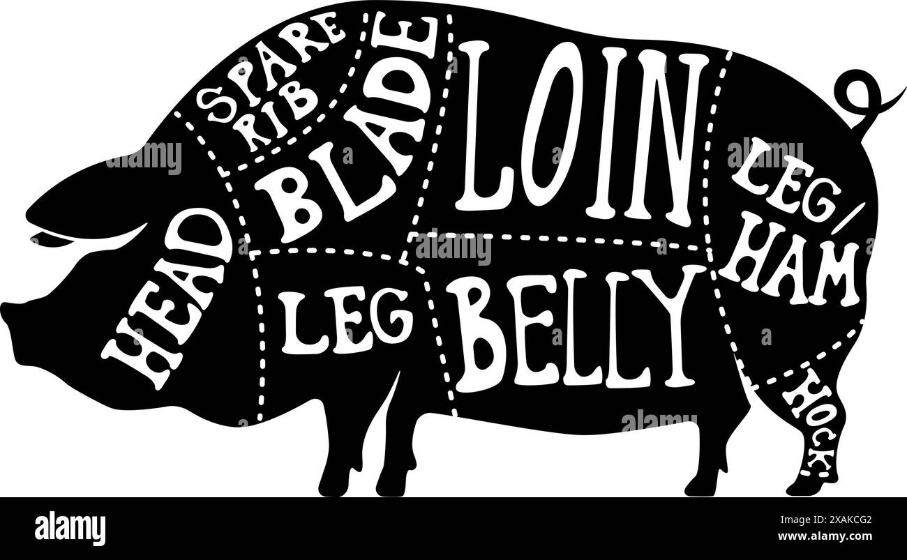 Pork cuts meat diagram illustration Black and White Stock Photos ...