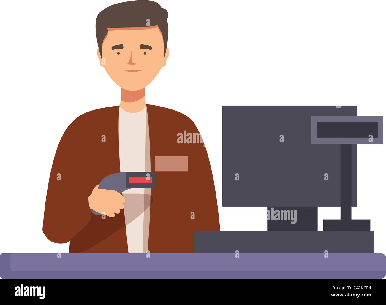 Cashier holding barcode scanner standing at cash desk in supermarket ...