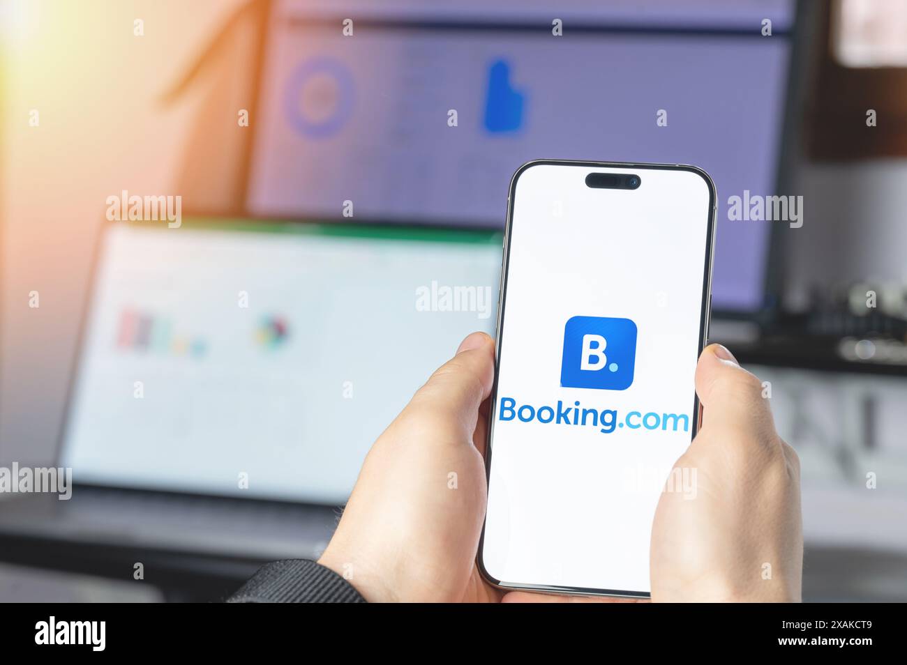 New York, USA - June 6, 2024: Booking service on smartphone screen in ...