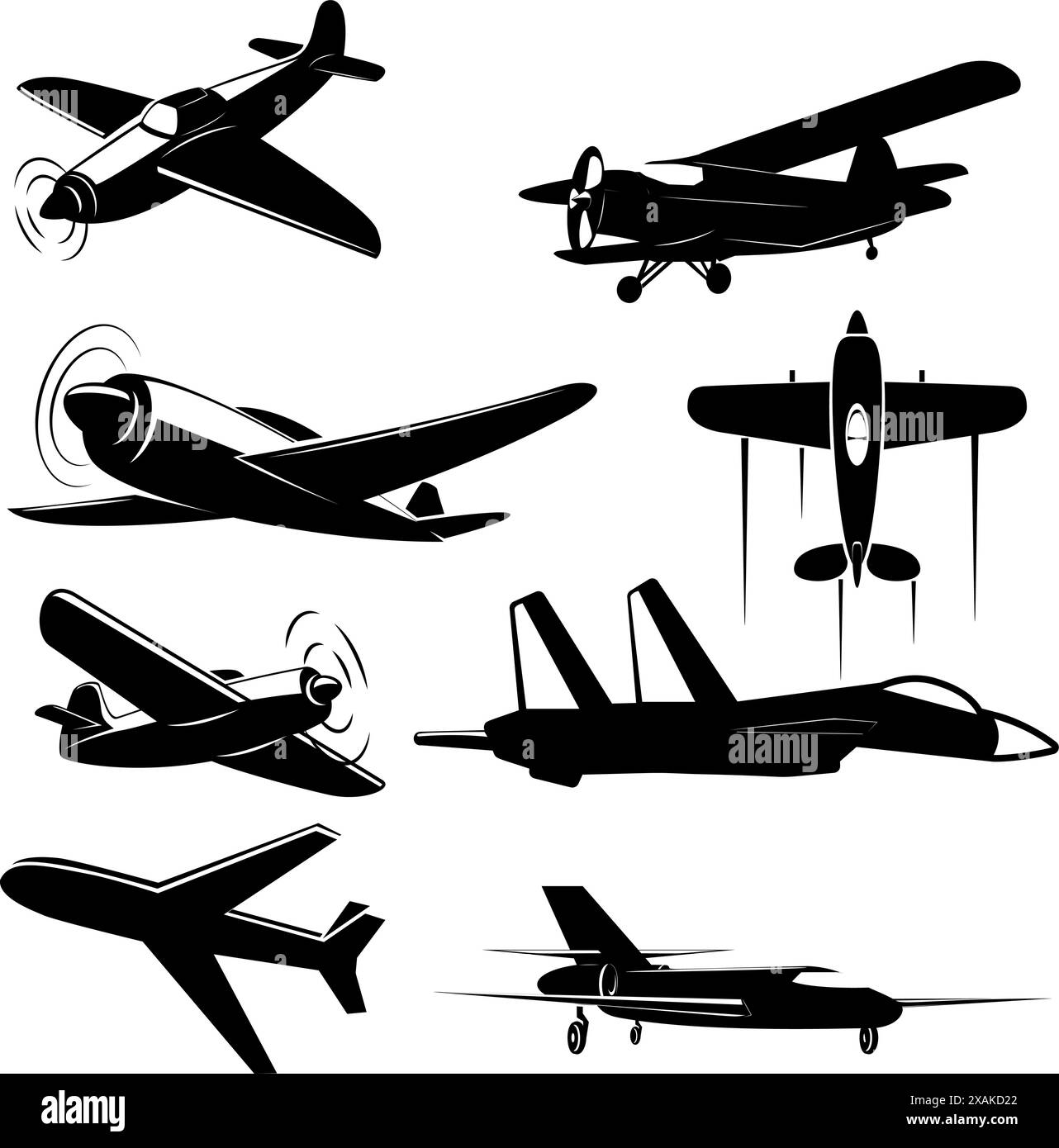 Set of Vintage airplanes from different angles. Planes silhouettes ...