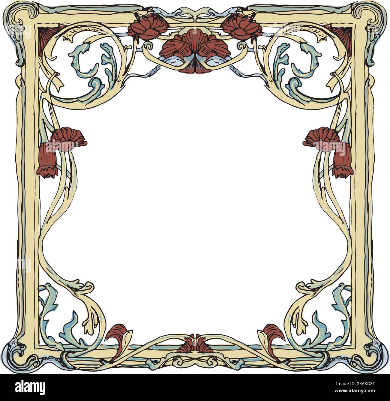 Floral baroque, nouveau style frame with red flowers and vines, gold ...