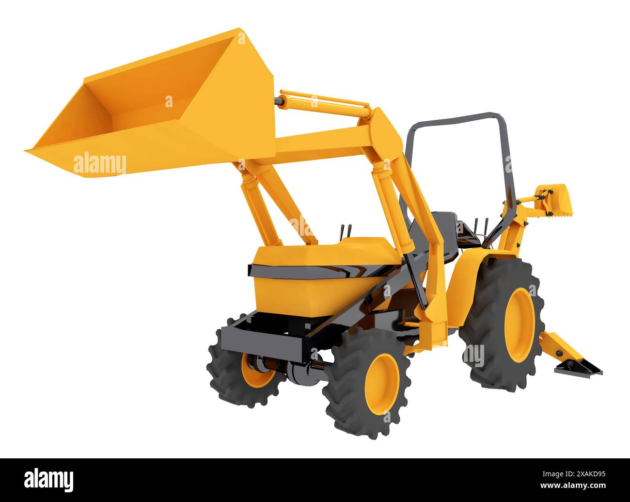 Compact tractor, front loader and backhoe, isolated on white background ...