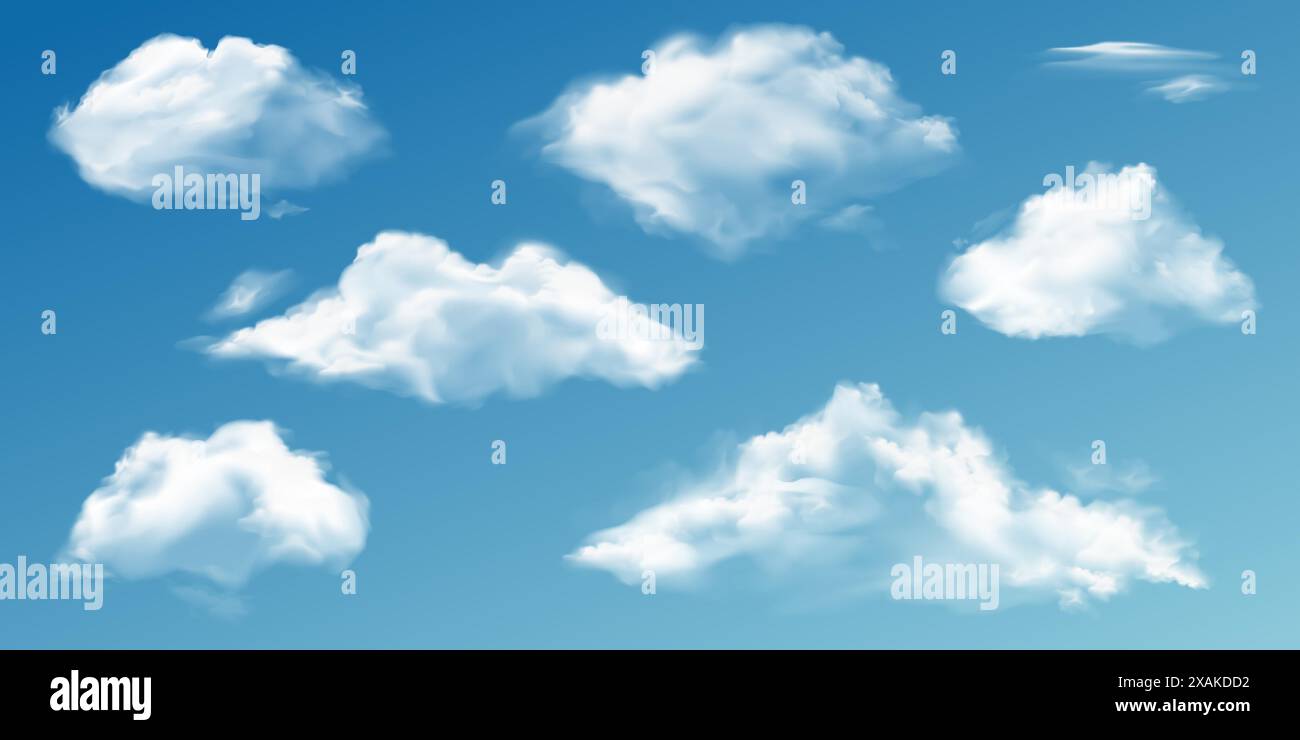 White clouds. Realistic 3d semi transparent cloud in blue sky. Summer rain clouds vector ...