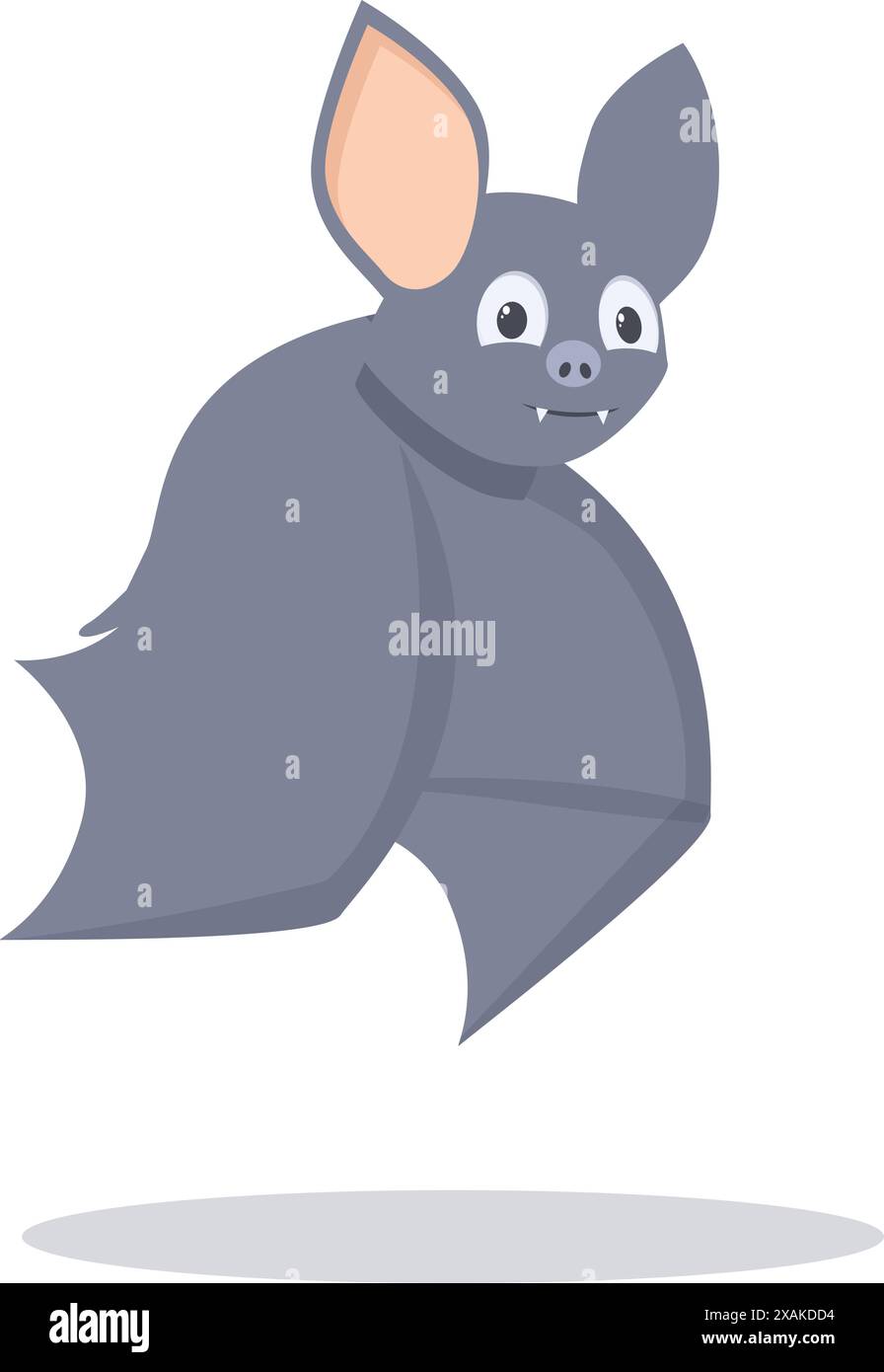 Friendly and cartoonish grey bat with big ears is flying and smiling ...