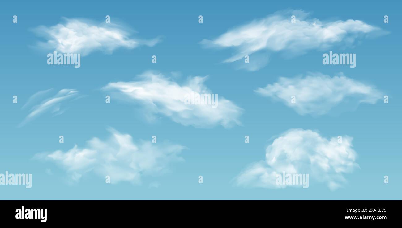 Realistic clouds. White 3d summer cloud in various shapes on blue sky background. Vapor ...