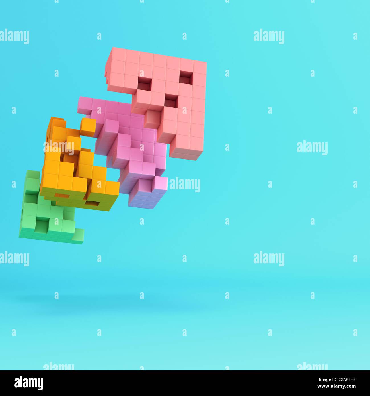 Colorful abstract box structure on bright blue background in pastel ...