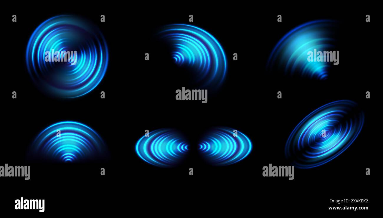Sonar sound wave. Round light neon effect waves, concentric circle ...