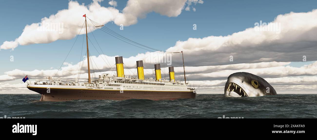 Historic passenger ship RMS Titanic and sea monster Stock Photo - Alamy