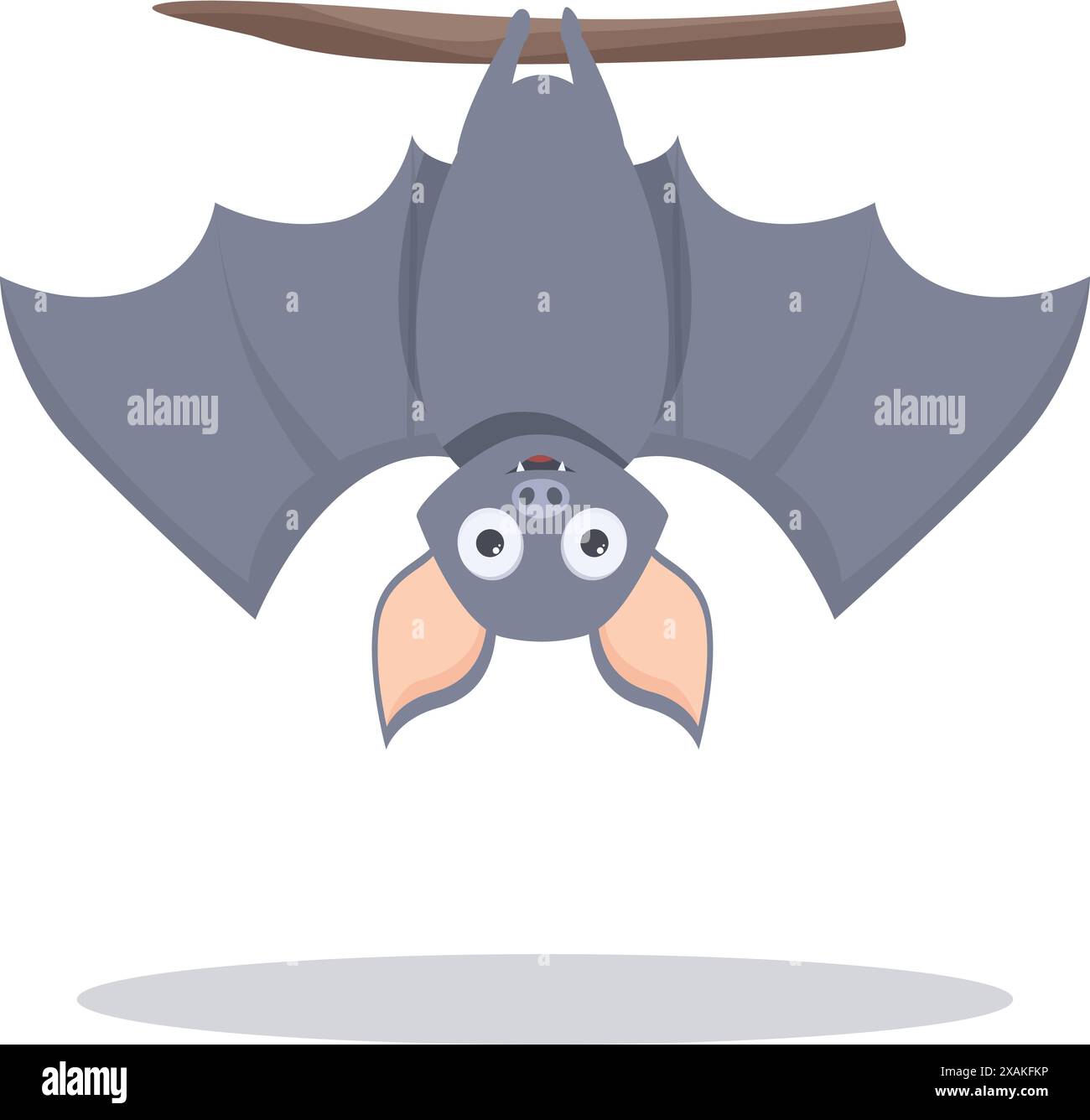 Friendly cartoon bat with big eyes is hanging upside down from a tree ...