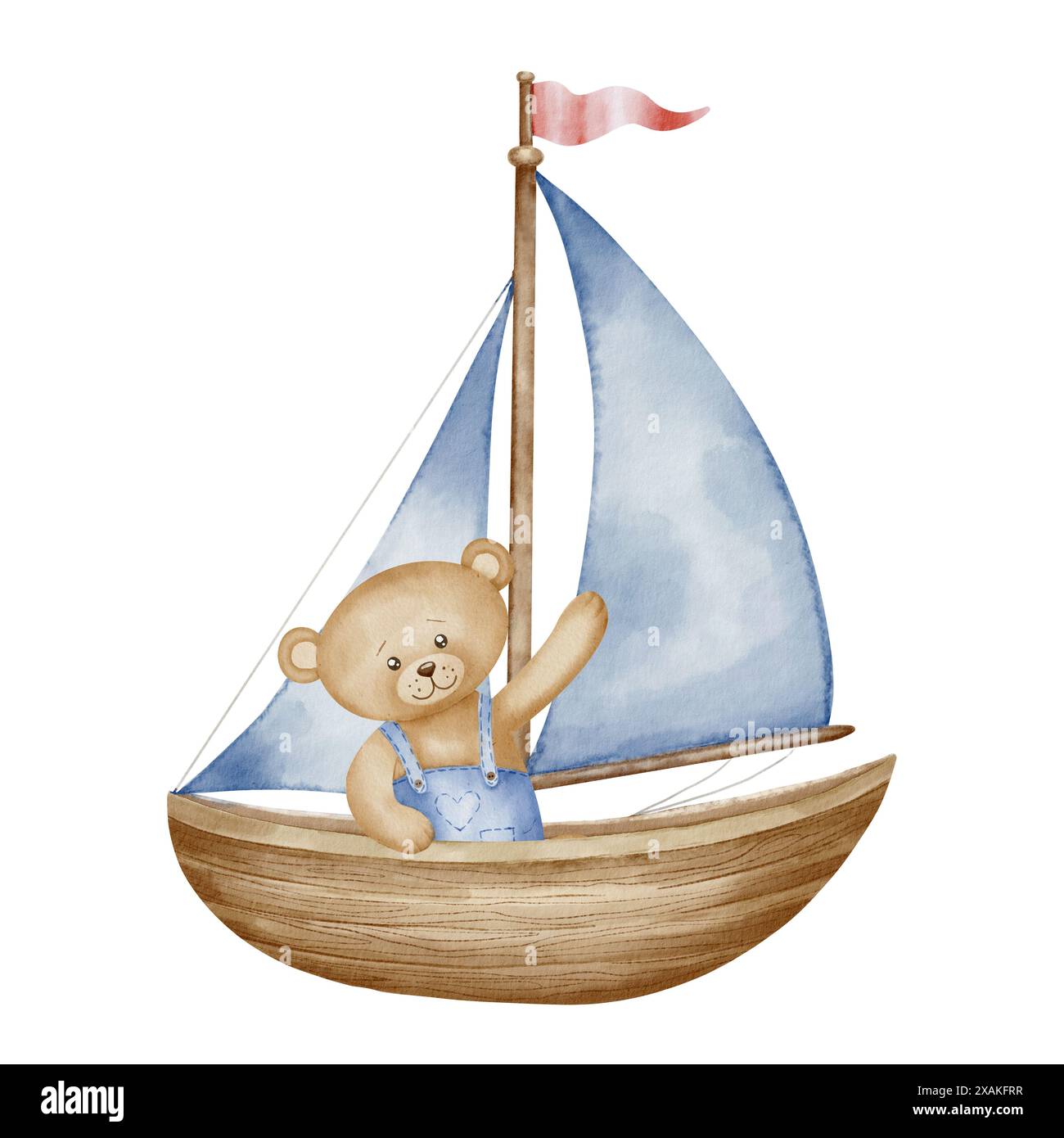 Watercolor Teddy Bear on Sailboat Illustration. Hand Drawn Cute Animal ...