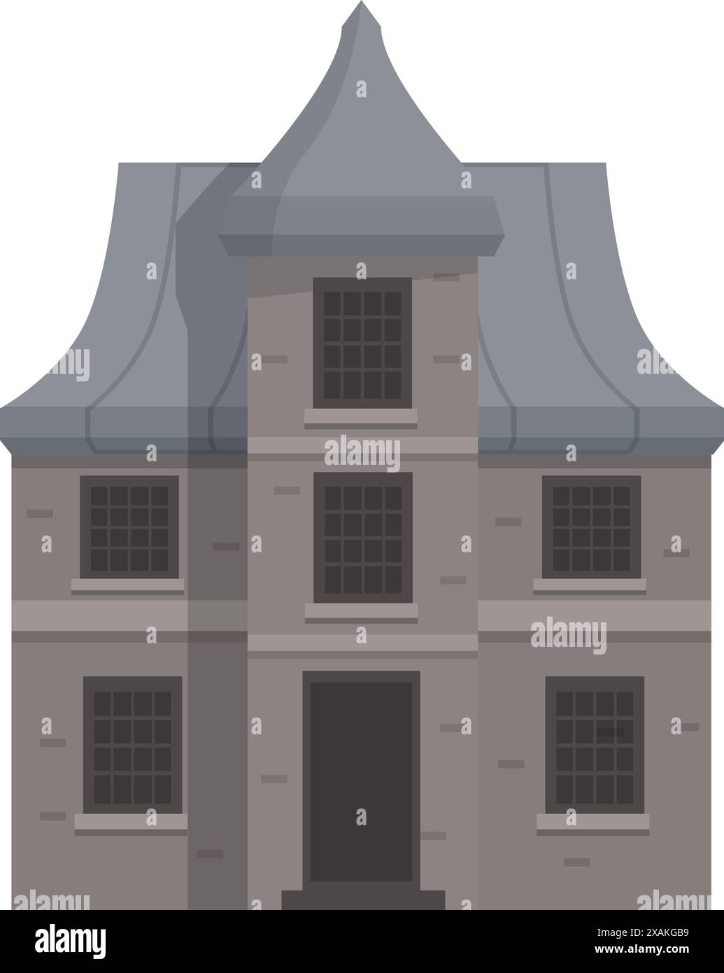 Old stone mansion with steep roof and barred windows standing on white ...