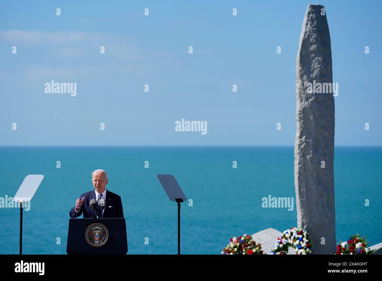 Normandy, France. 07th June, 2024. US President Joe Biden delivers a ...