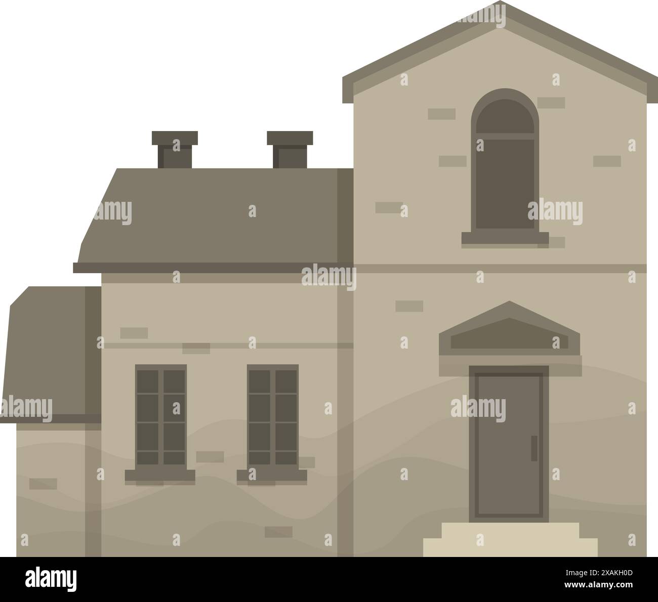 Old stone house with two chimneys, arched doorway and windows isolated ...