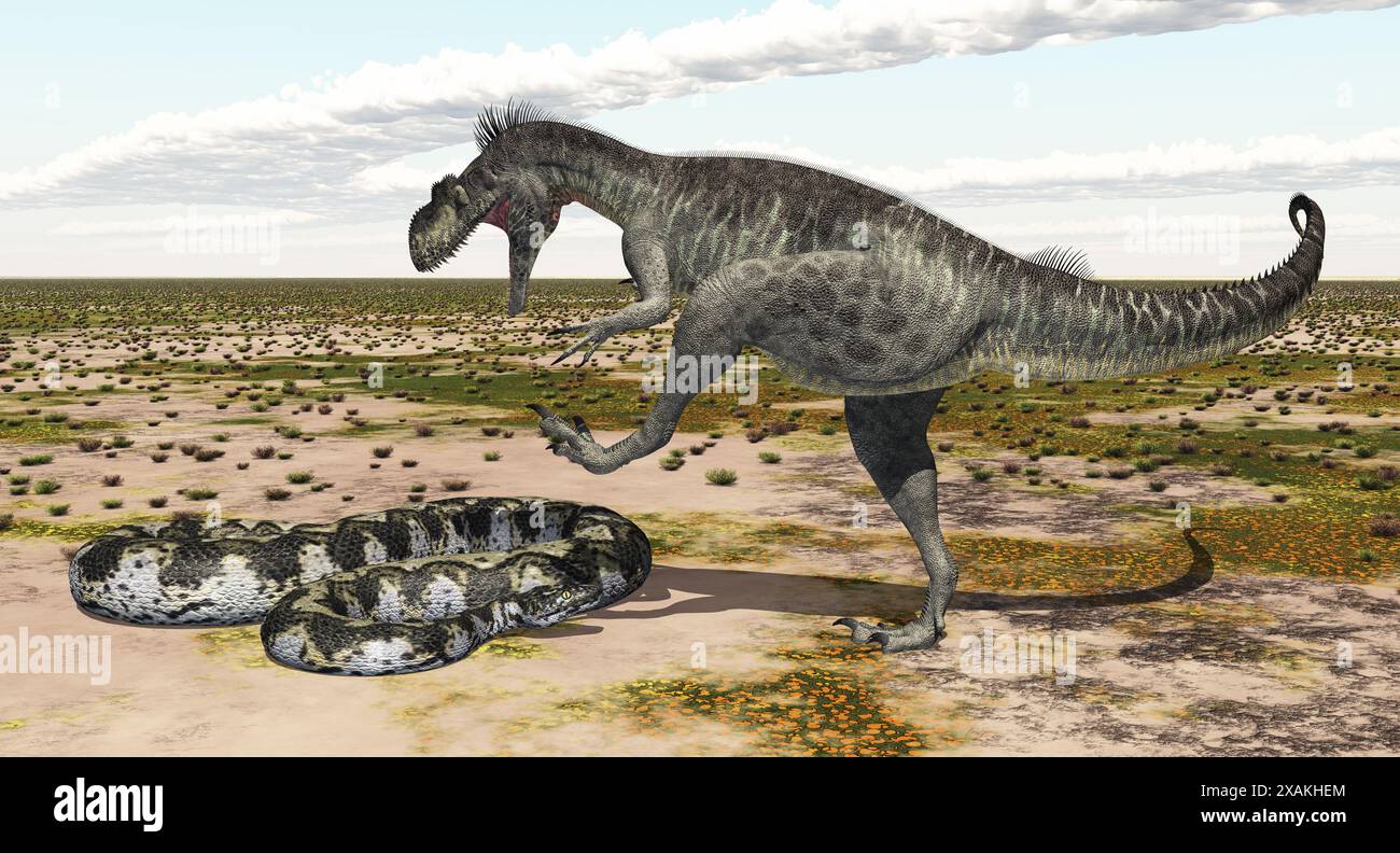 Dinosaur Megalosaurus and giant snake Titanoboa Stock Photo - Alamy