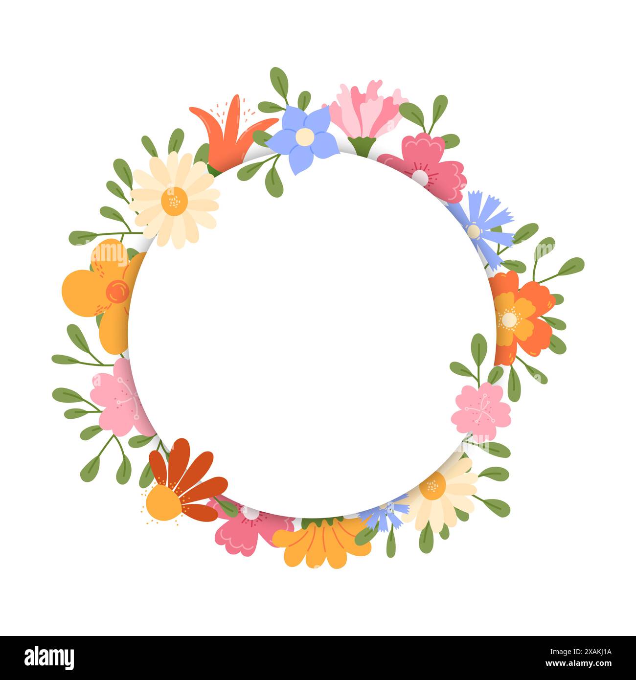 Round floral frame. Circle shaped decorative meadow flowers and leaves ...
