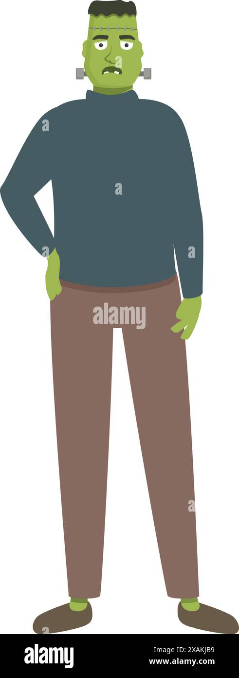 Frankenstein's monster is casually dressed and standing with his hand ...