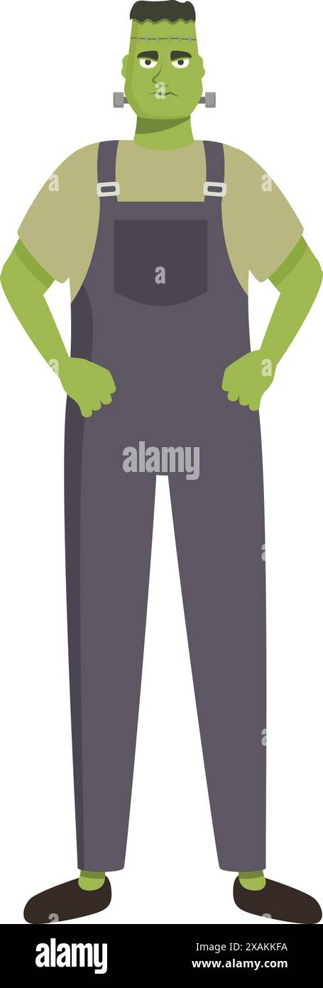 Cartoon frankenstein monster wearing overalls is posing with hands on ...