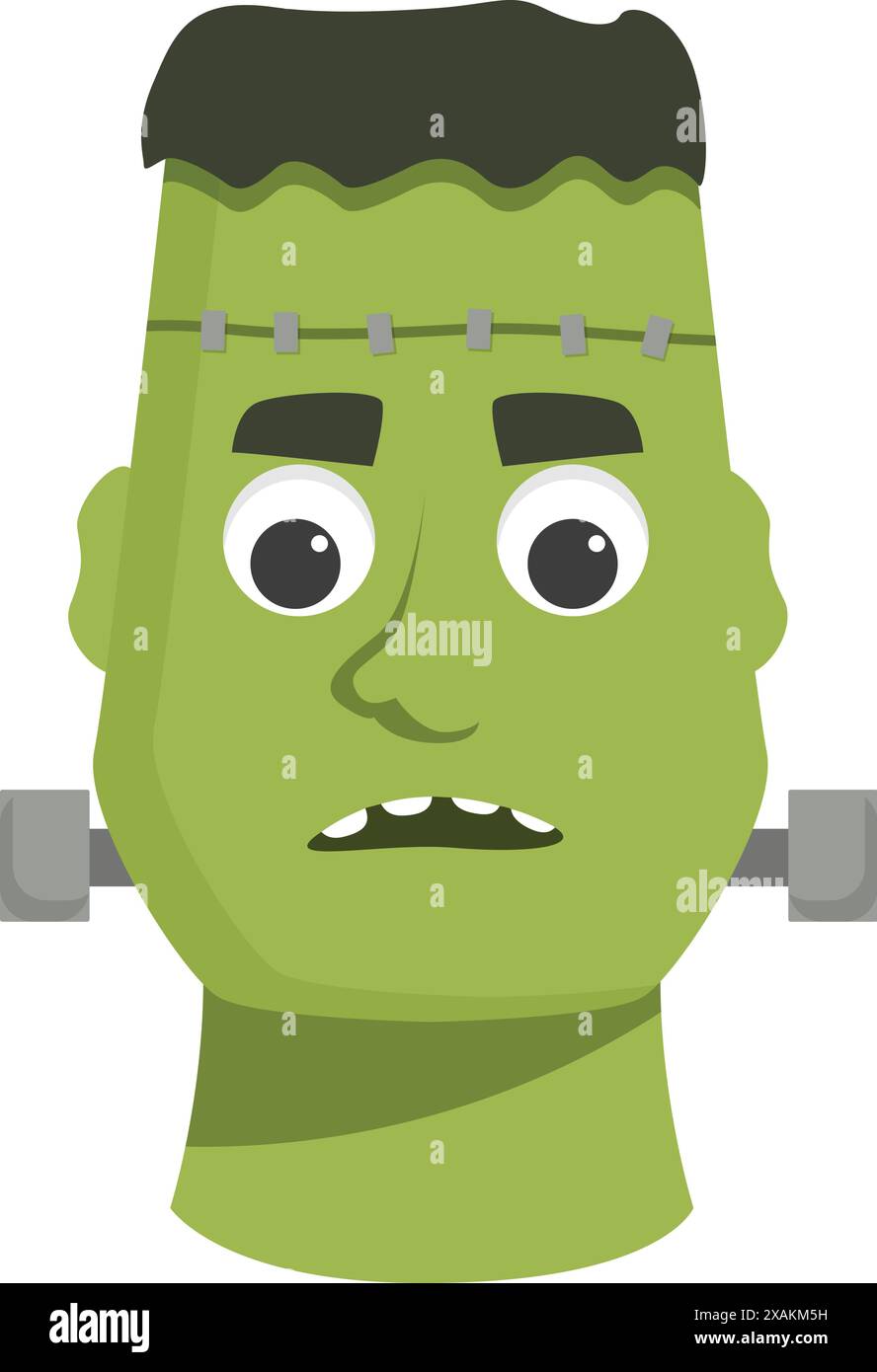 Green frankenstein monster is looking sad and confused, with stitches and bolts on his face ...