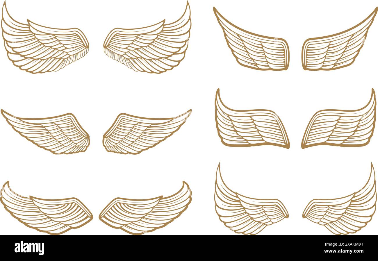 Set of the emblems with wings in gold style isolated on white ...