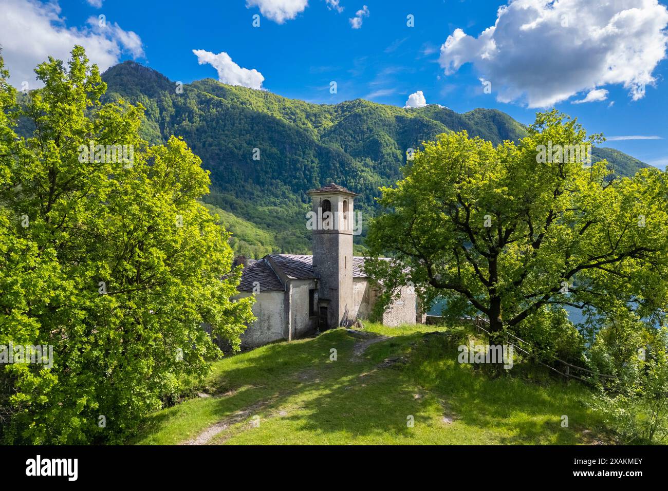 Aerial view of the small church of Santa Veronica in Calde on Lake ...
