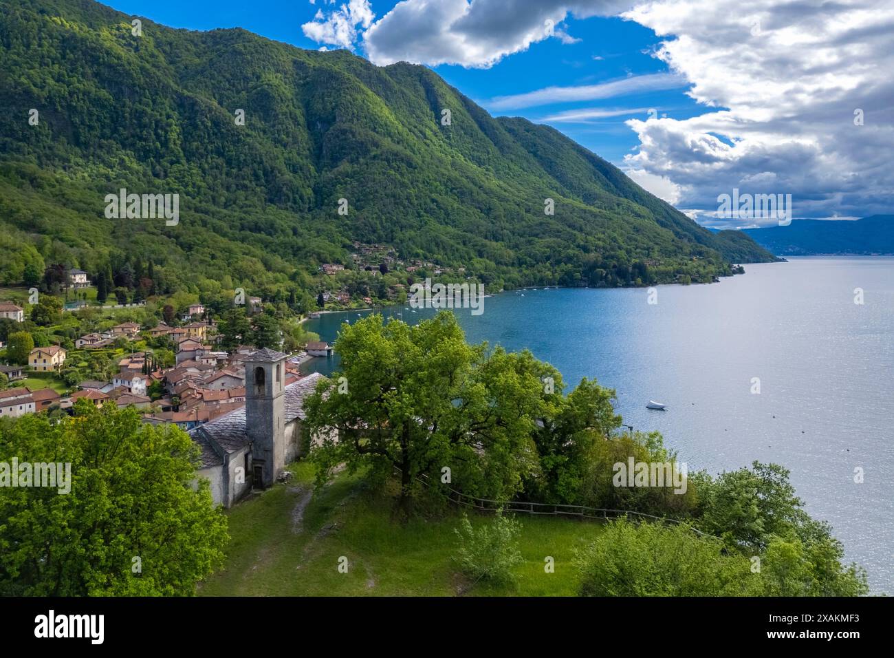 Aerial view of the small church of Santa Veronica in Calde on Lake ...