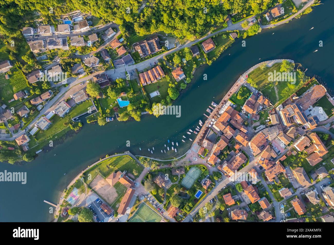 Aerial view of the small italian village of Lavena with its strait at ...