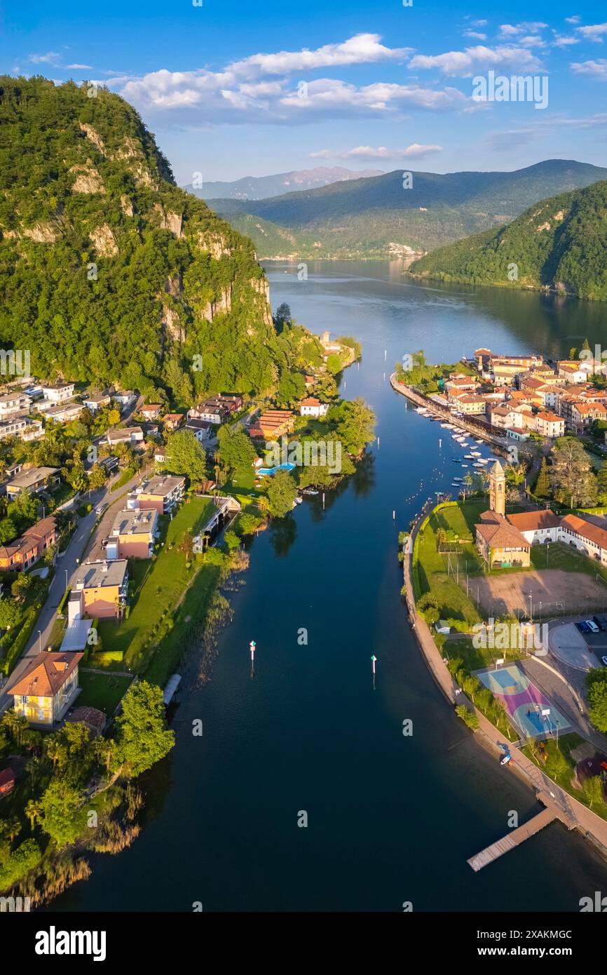 Aerial view of the small italian village of Lavena with its strait at ...