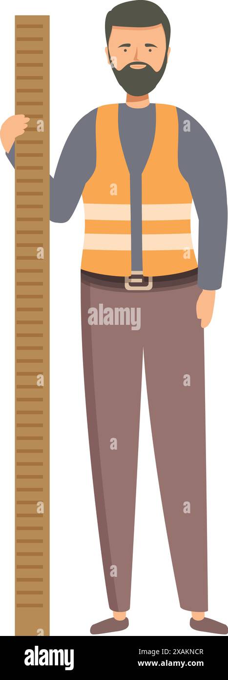 Construction worker character holding measuring level tool for ...