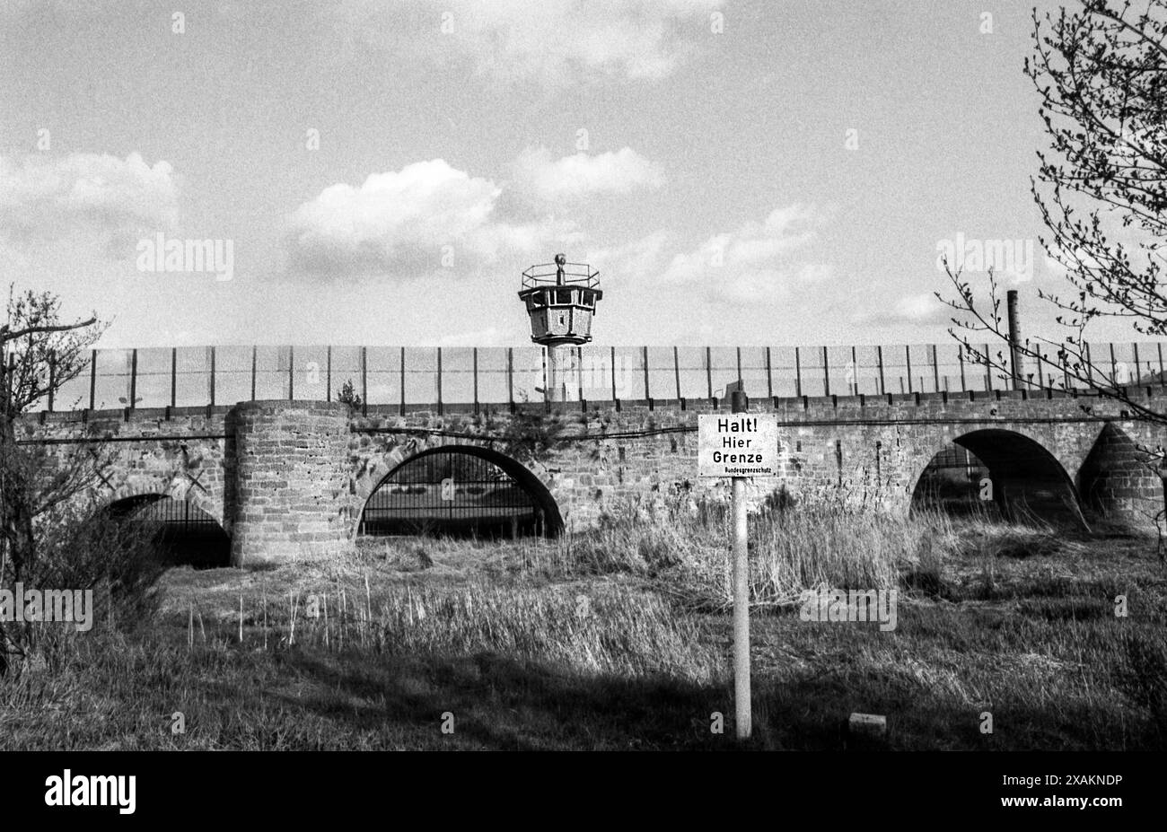 Border fortification, GDR watchtower, sign 'Halt hier Grenze ...