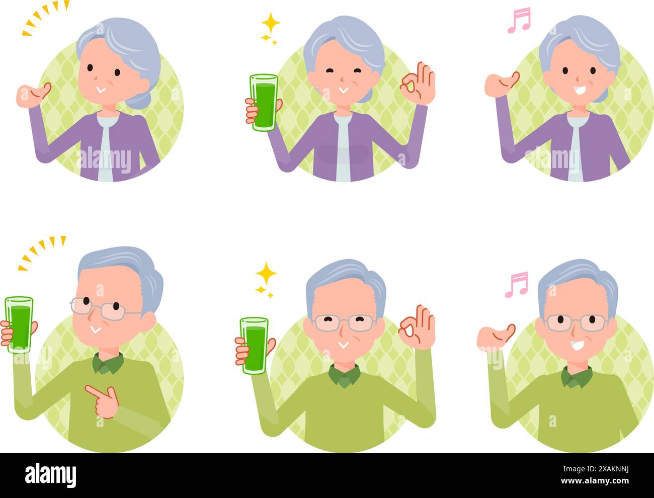 Icon of a smiling senior couple holding green juice. Positive facial ...