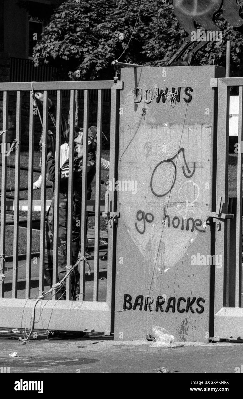 The 'Black Horse' symbol of the barracks with 'Peace' graffiti and the ...