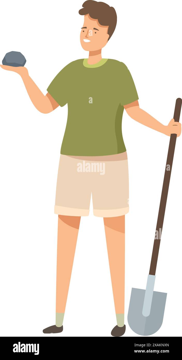 Young geologist holding shovel and examining stone in his hand, geology ...