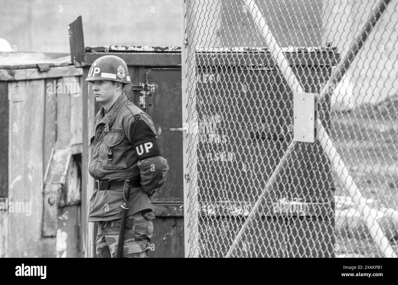 US guard soldier at the entrance to the air base, action of the peace ...
