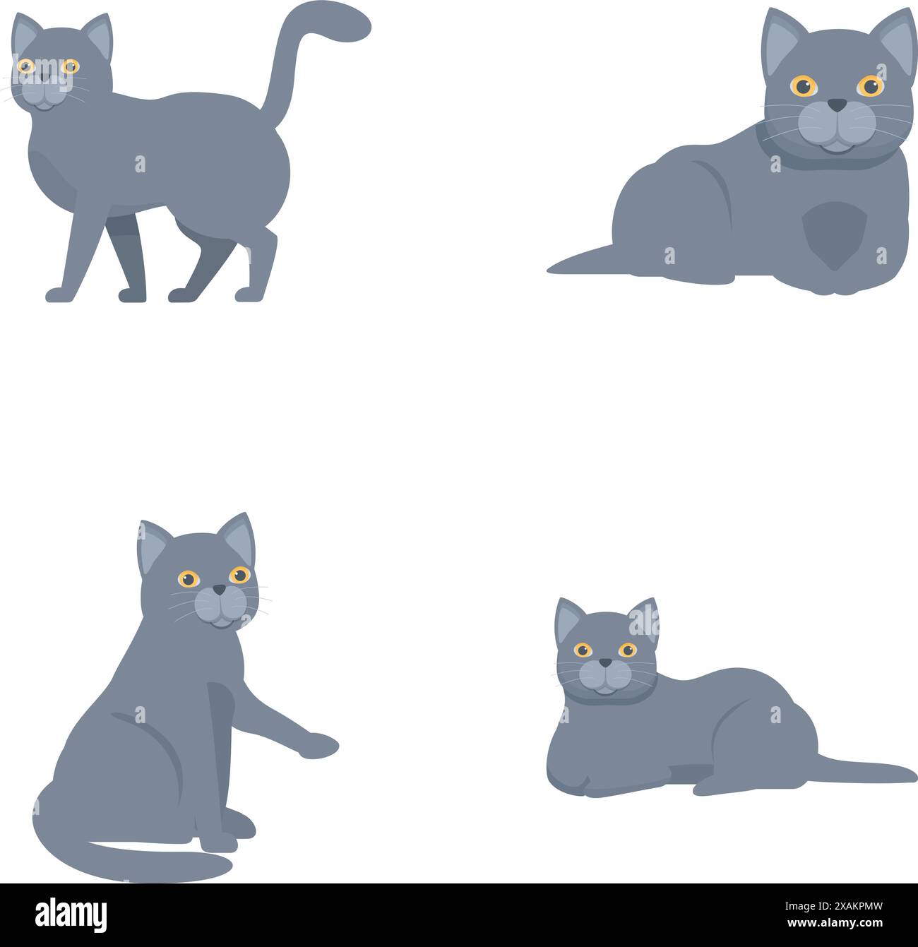 Collection of four cute cartoon grey cats with different poses and ...