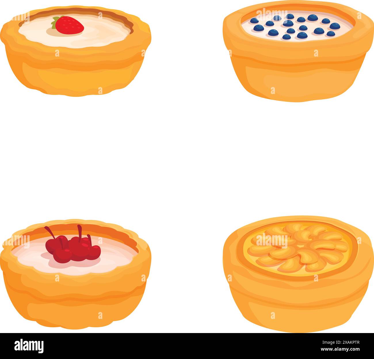 Colorful set of four illustrated fruit tarts with various toppings, isolated on a white ...